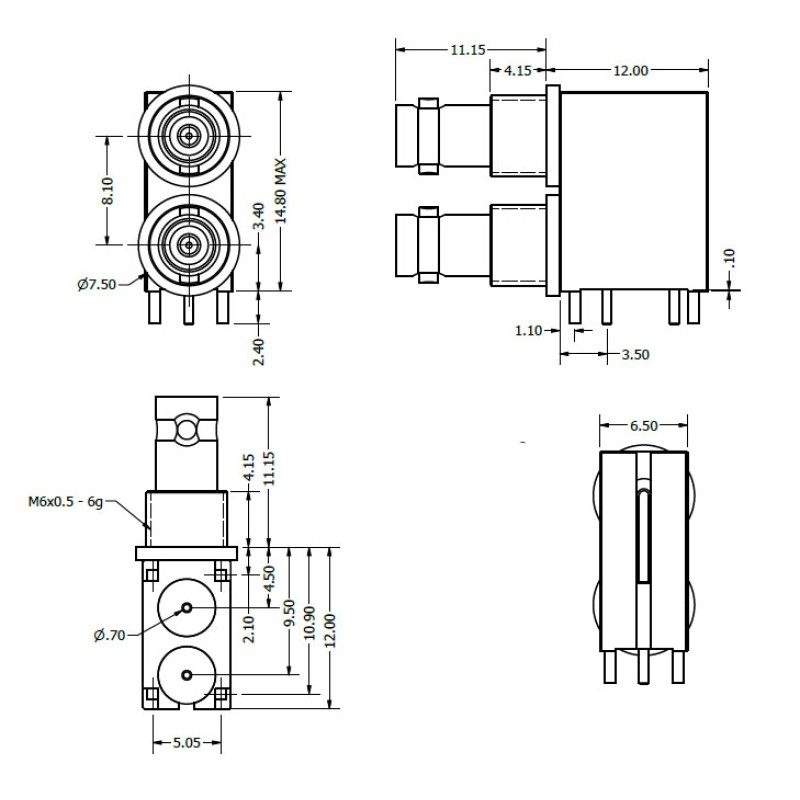 12GHz Dual Port Right Angled Micro BNC Connector from Cambridge Electronics